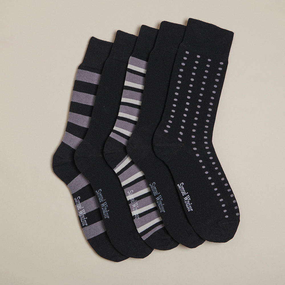 Black Patterned Cotton Rich Socks - 5 Pack – Samuel Windsor